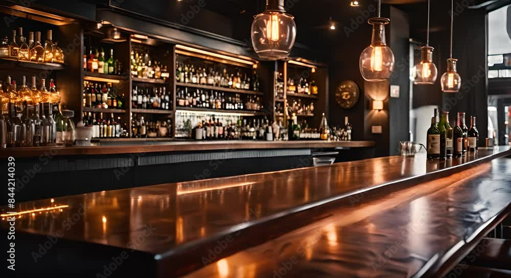 Modern bar interior with wooden tables and brick walls in an industrial ...