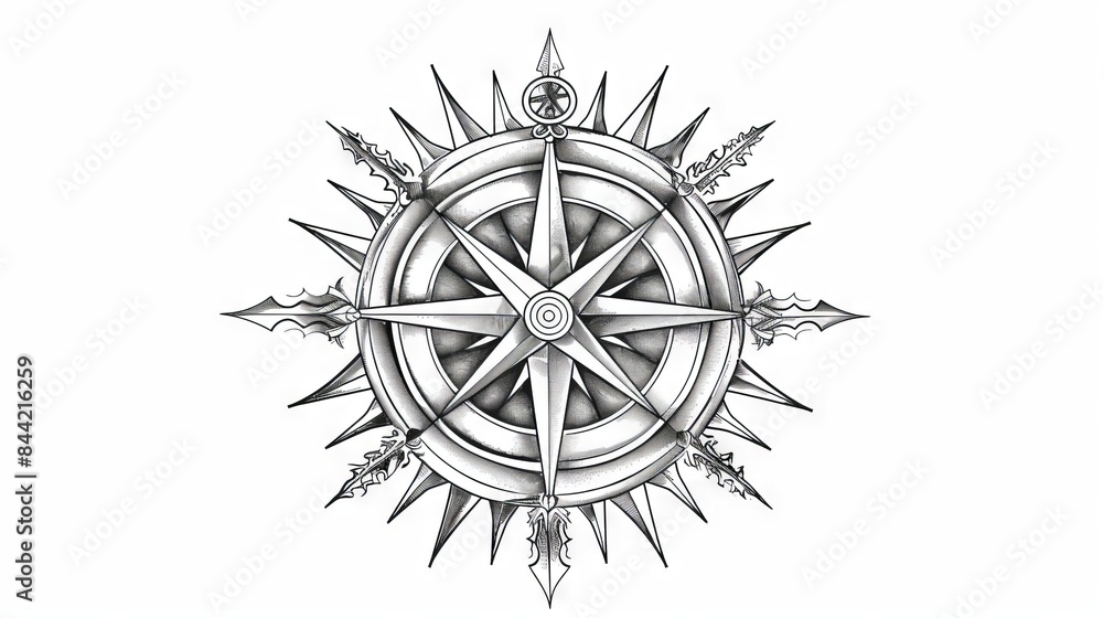 Simple line art of a compass rose with intricate details, symbolizing ...