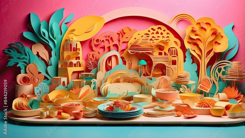 The vivid hues of a 3D-printed food festival, shown in paper art forms ...
