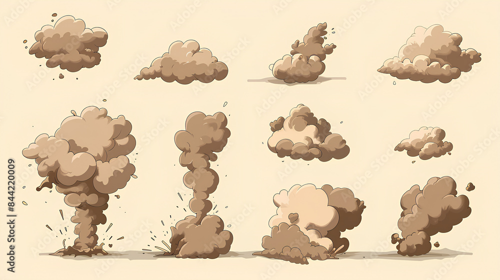 Cartoon brown smoke clouds of different shapes. Vector illustration set ...