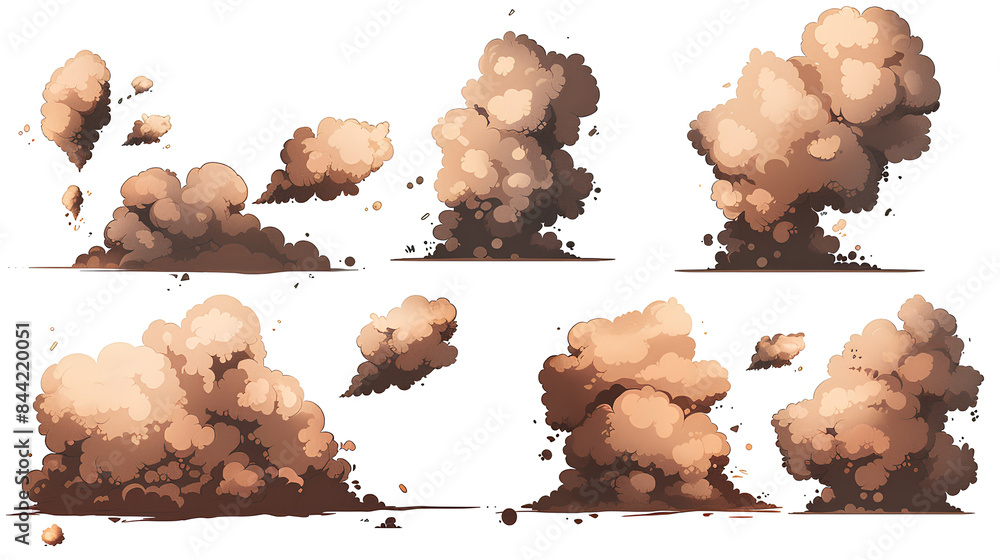 Cartoon brown smoke clouds of different shapes. Vector illustration set ...