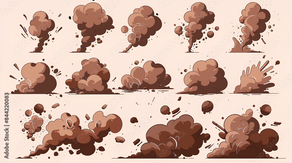 Cartoon brown smoke clouds of different shapes. Vector illustration set ...