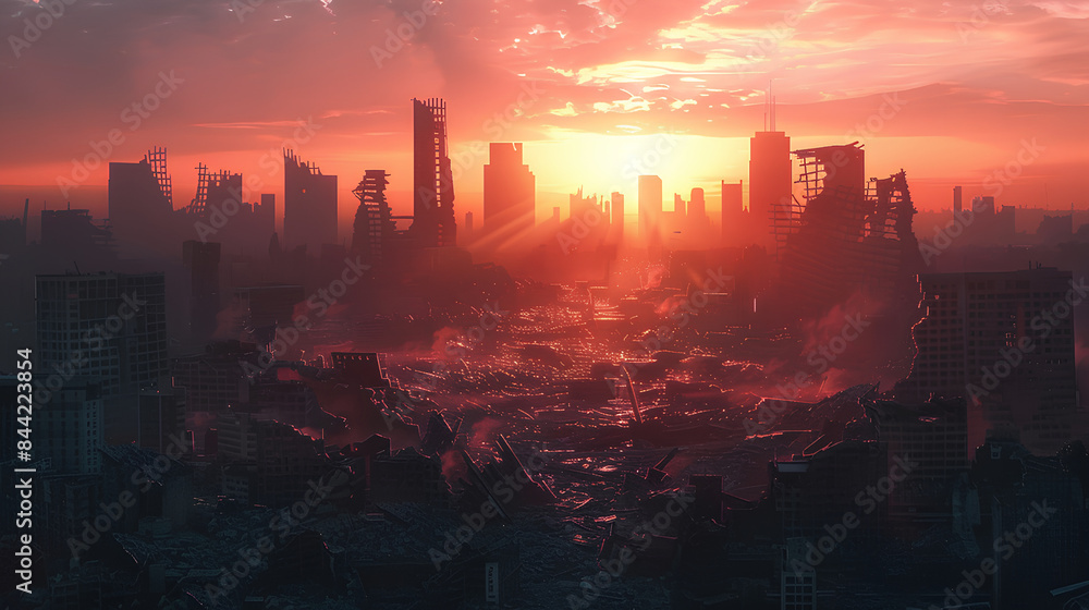 vast post apocalyptic city skyline sunset silhouette - premium pen tool ...