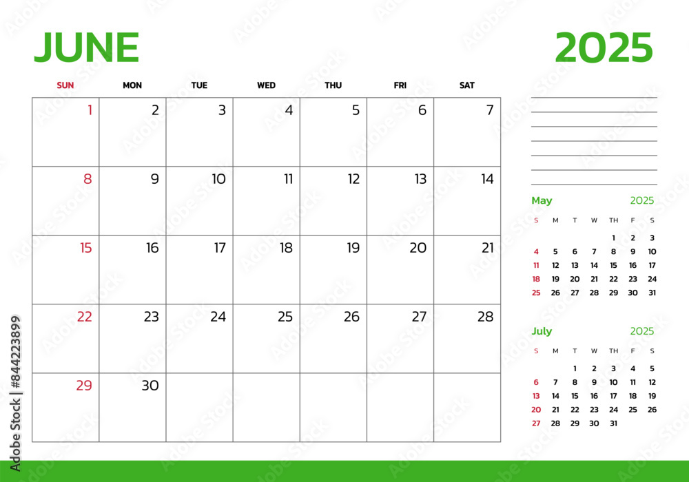 June 2025 Calendar. Week start on Sunday. Desk calendar 2025 design ...