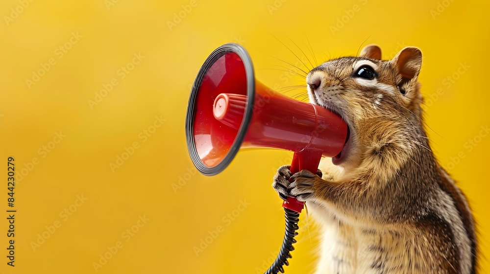 Funny animal chipmunk talking into megaphone isolated on golden ...
