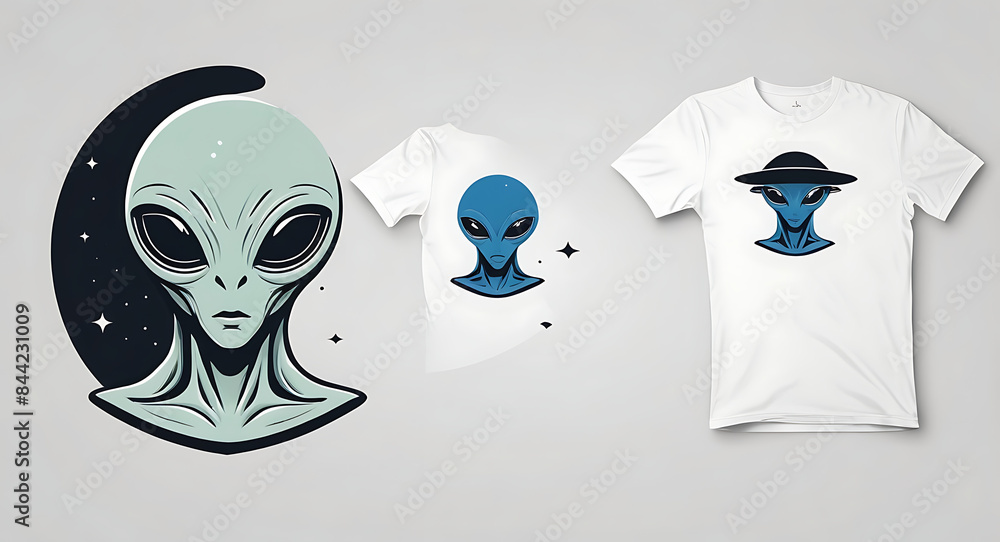 Minimalistic 2d Plain Alien and UFO graphics for a logo or a t-shirt ...