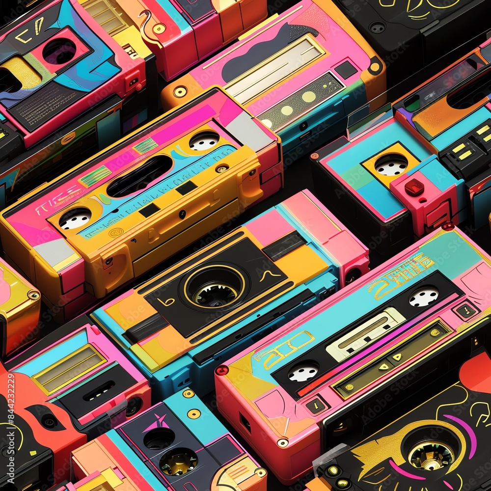 High-resolution image of colorful cassette tapes with their cases open ...