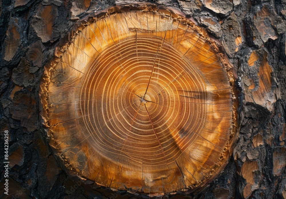 Cross-section of a tree trunk showing its growth rings and the detailed ...