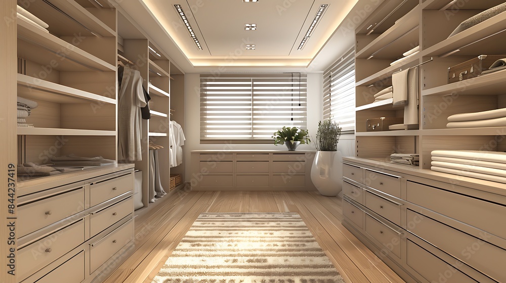 A modern and elegant walk-in closet featuring a neutral color palette ...