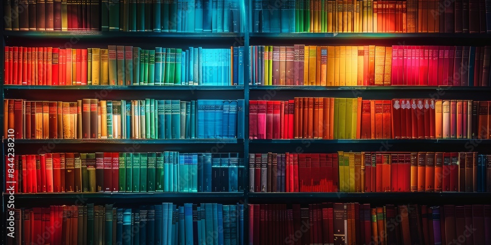 a bookshelf lined with books, books with colorful bindings on ...