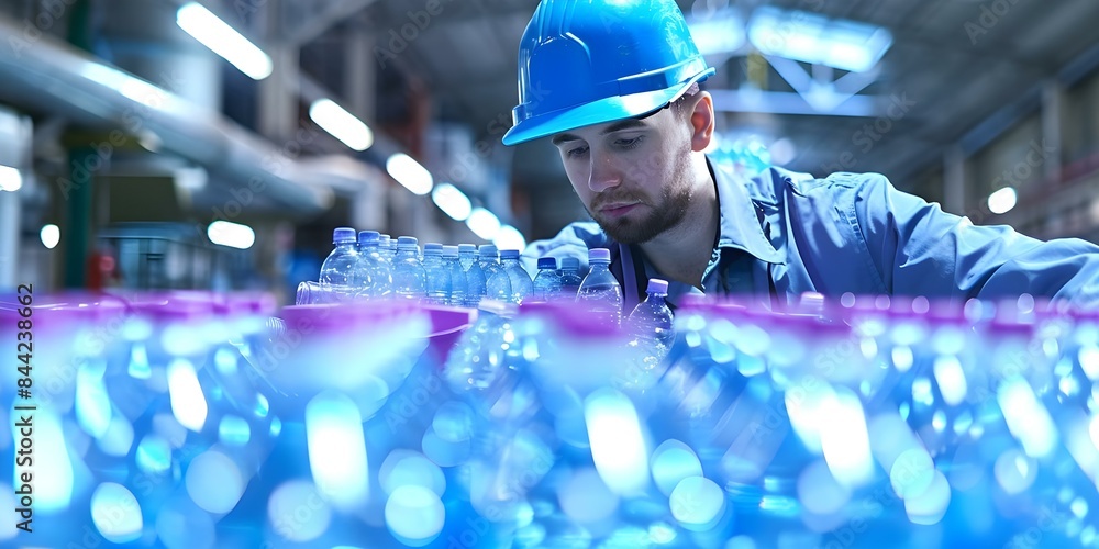 Employee sorts plastic bottles at recycling plant. Concept Waste ...