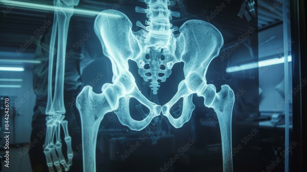 A comprehensive x-ray of a real person's hip, showing transparent hip ...
