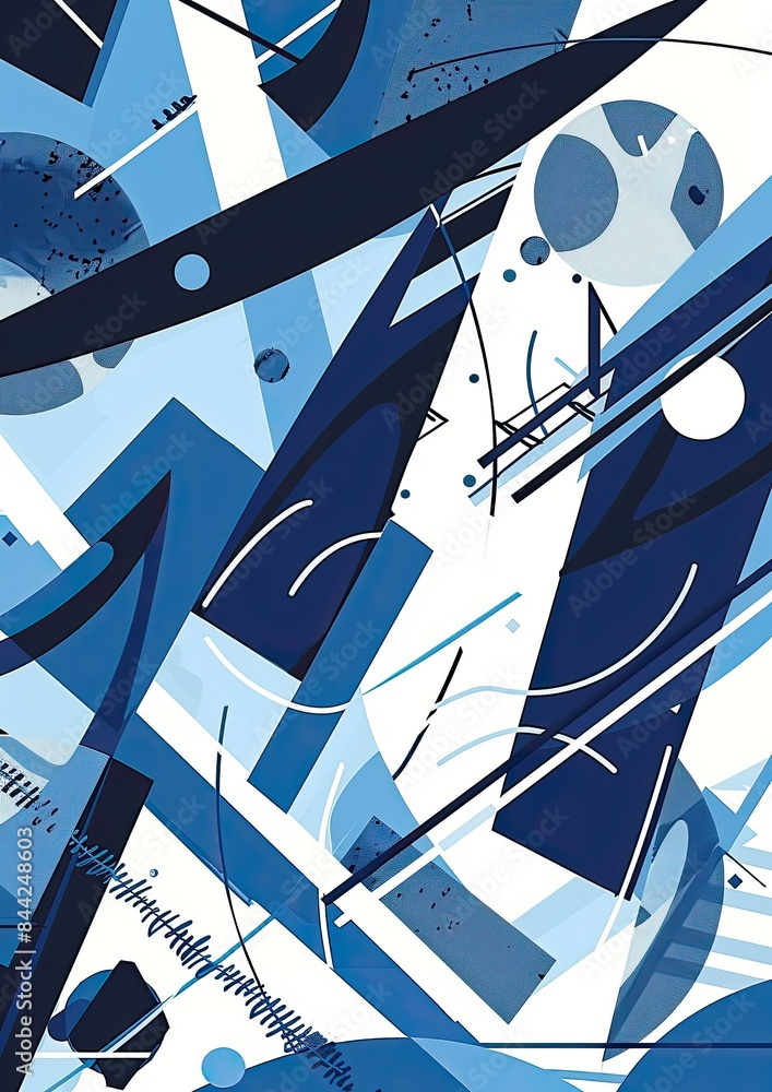 featuring abstract geometric shapes in blue and white, complemented by ...