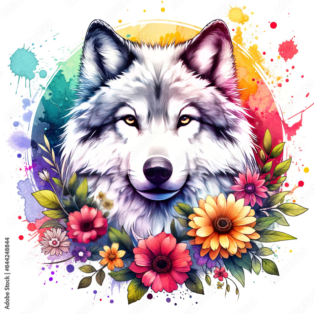 Wolf with flowers and butterflies on an isolated white background Stock ...