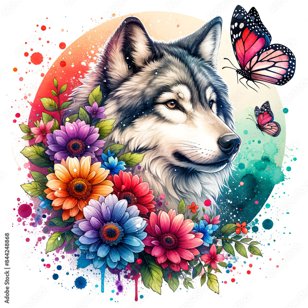Wolf with flowers and butterflies on an isolated white background Stock ...