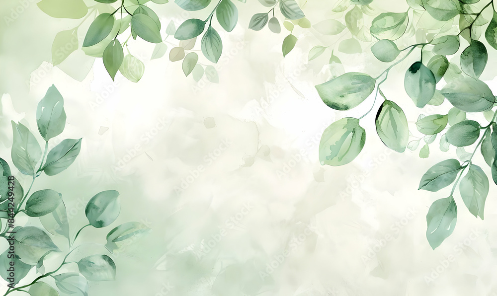 Watercolor green leaves border on a light background. Perfect for ...