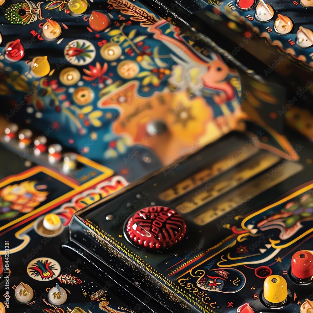 Macro photography of the detailed artwork and buttons on a vintage ...