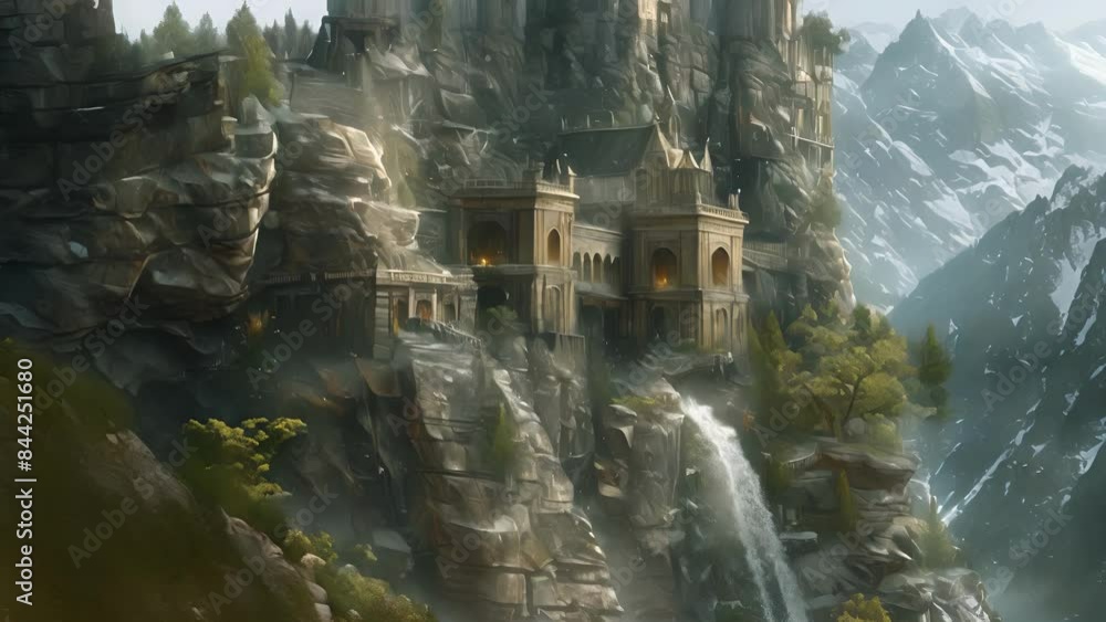 A rugged mountain pass where the alchemists lab is carved into the side ...