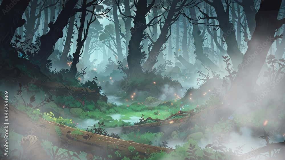 Anime video of a misty forest with a stream running through it. The ...