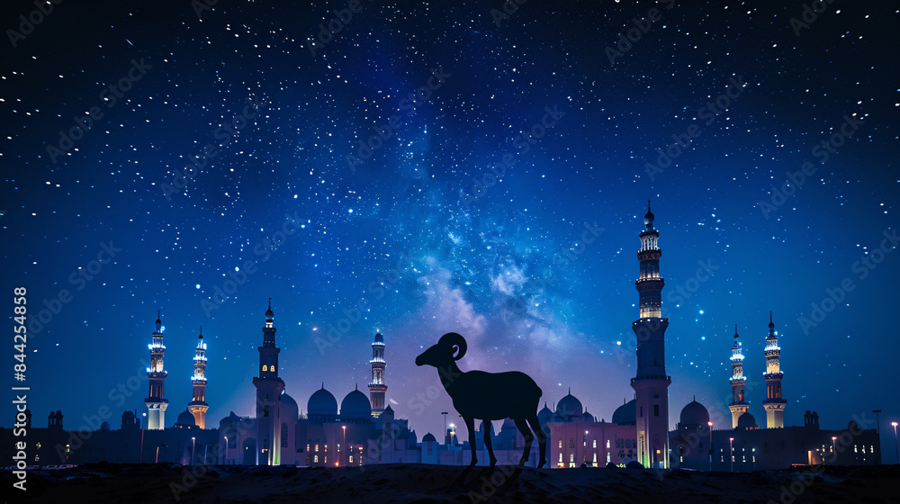 Silhouette of a ram against the starry sky and buildings of a Muslim ...