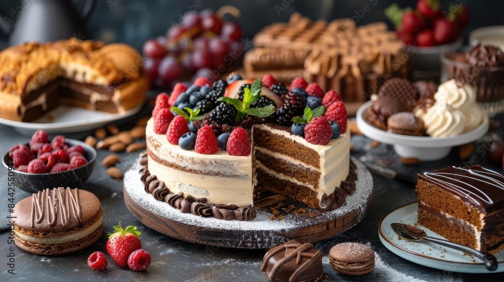 Craft a digital image of a luscious array of desserts, from cakes to ...