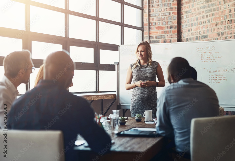 Woman, presentation and meeting on whiteboard in office for feedback ...