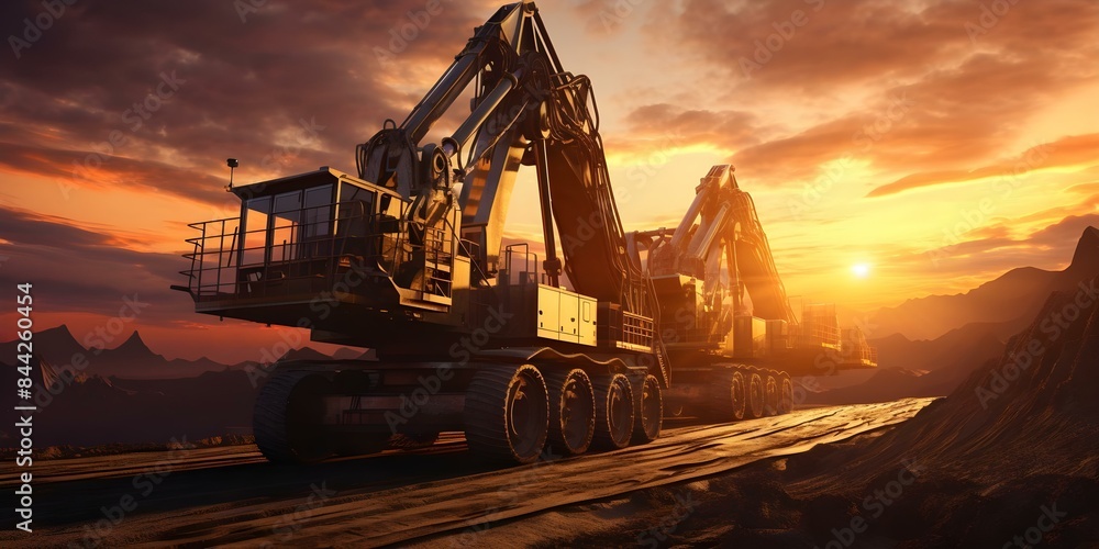 Sunset over open pit mining A showcase of heavy equipment. Concept Open ...