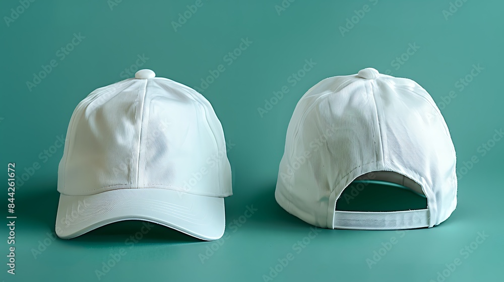 Two white, blank baseball caps facing opposite directions on a teal ...