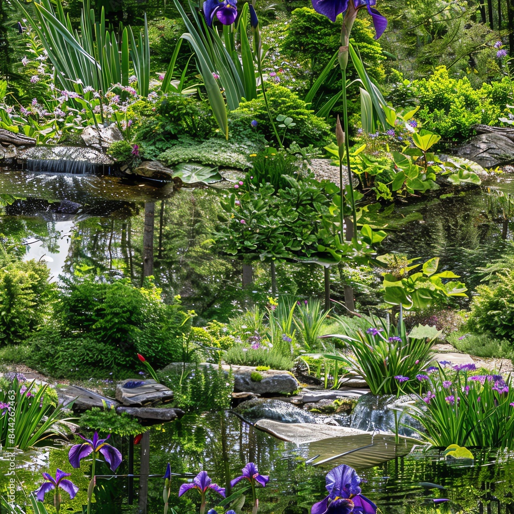 Water feature in the center of a lush spring garden, with irises and ...
