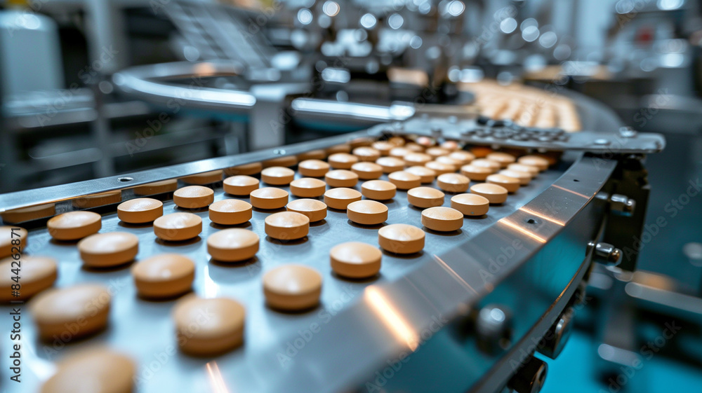 Tablets manufacturing process. Close-up shot of medical drug production ...