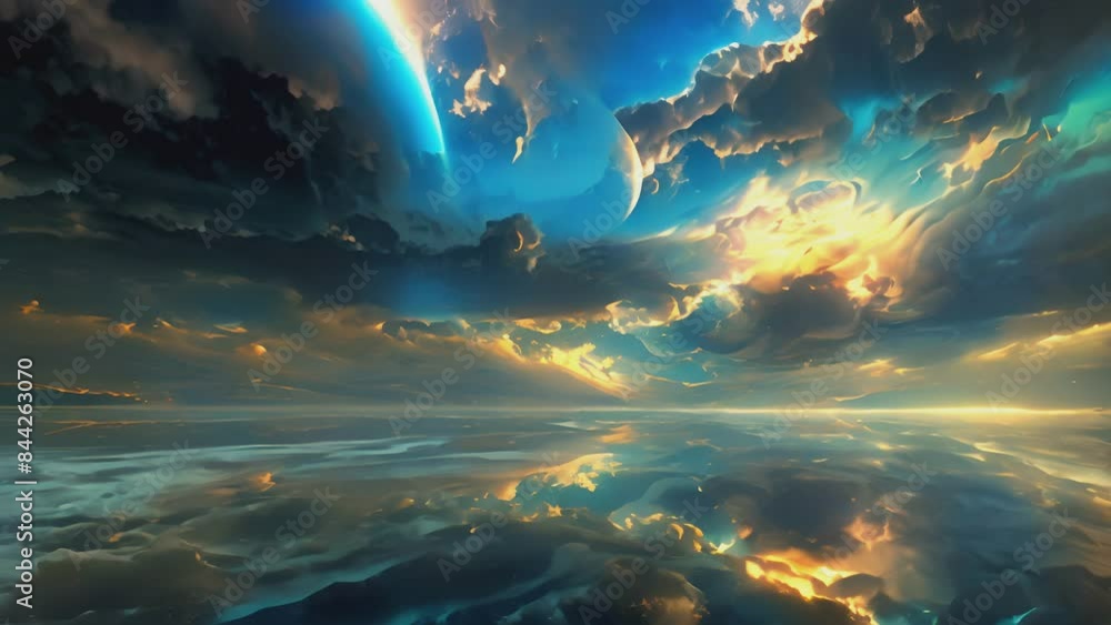 blue sky with clouds and a large wave in the ocean, Fractal Horizons ...