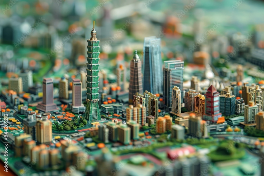 photorealistic image depicting a miniature model of Taipei city built ...