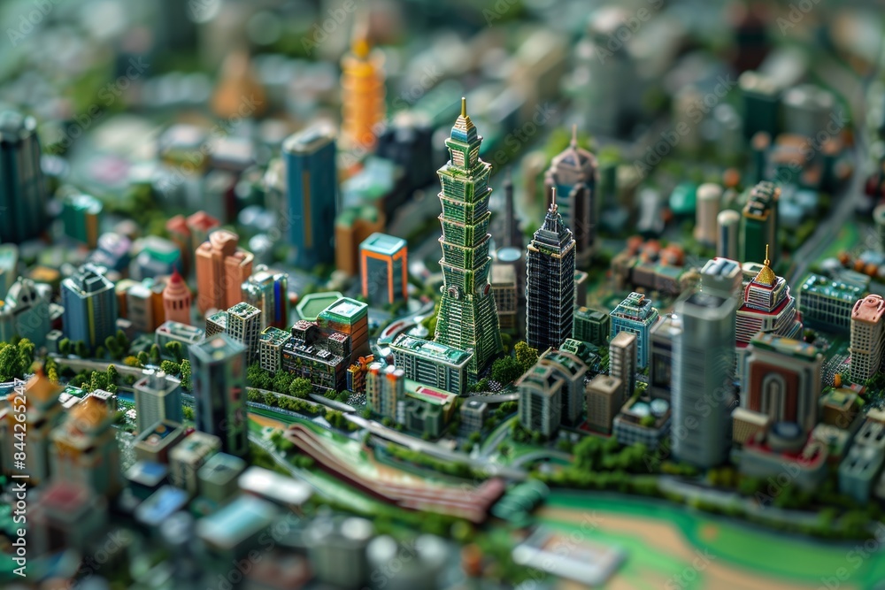 photorealistic image depicting a miniature model of Taipei city built ...