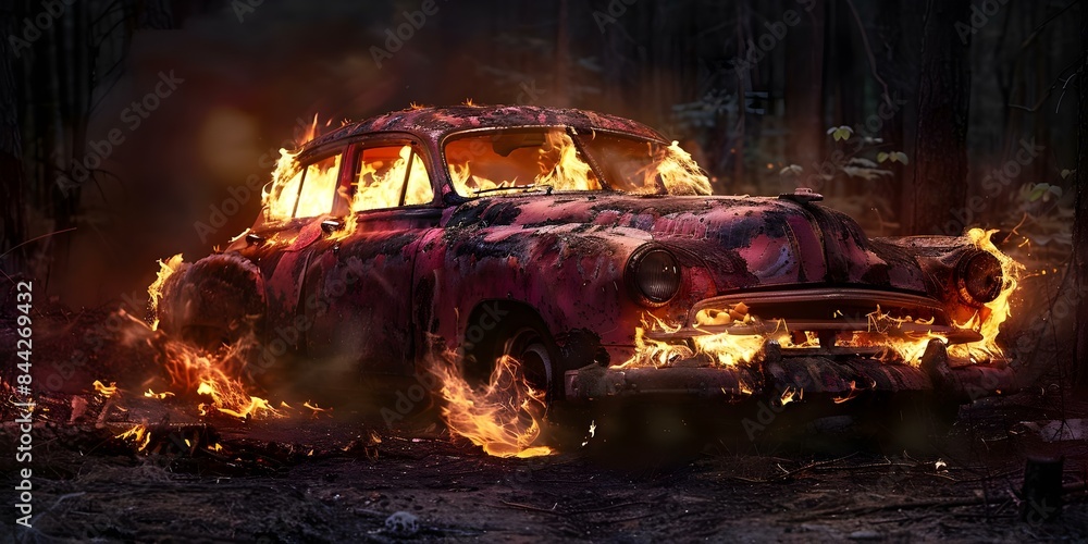 Vintage car consumed by fire in eerie forest setting. Concept Abandoned ...