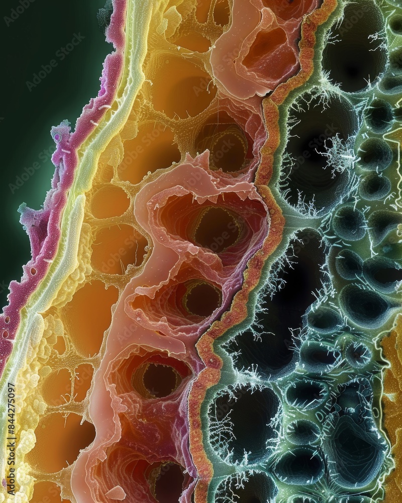 Close-up microscopic cross-section of an artery reveals the detailed ...