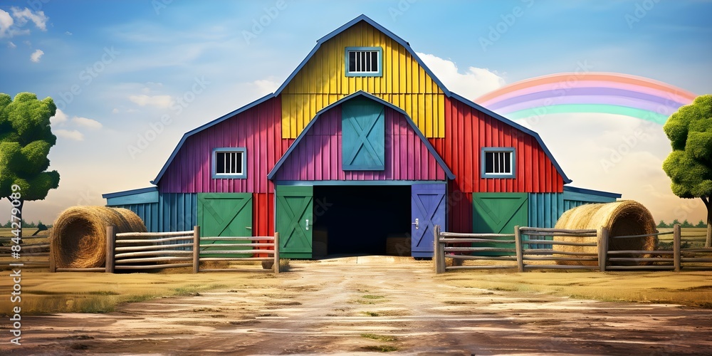 Vibrant cartoon barn featuring straw bales and hay piles. Concept ...