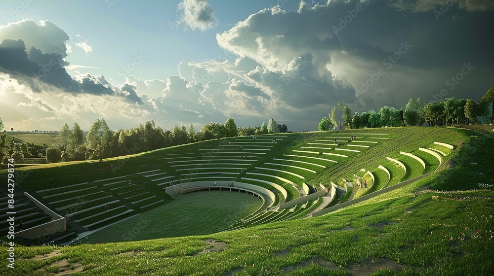 An amphitheater style stadium situated in a sprawling meadow with ...