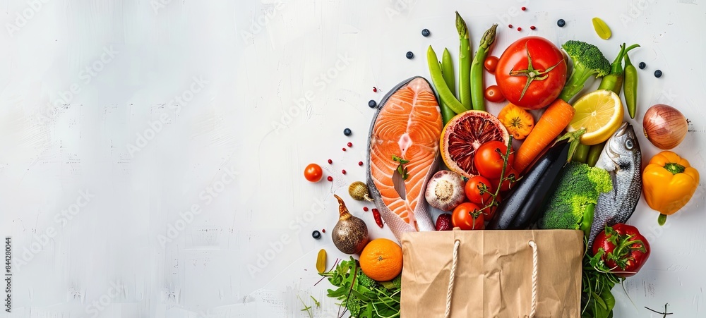 Healthy eating. Healthy food in a paper bag of fish, vegetables and ...
