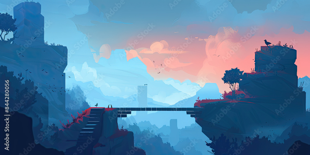 Landscape background, gaming level design backdrop gamer graphics style ...