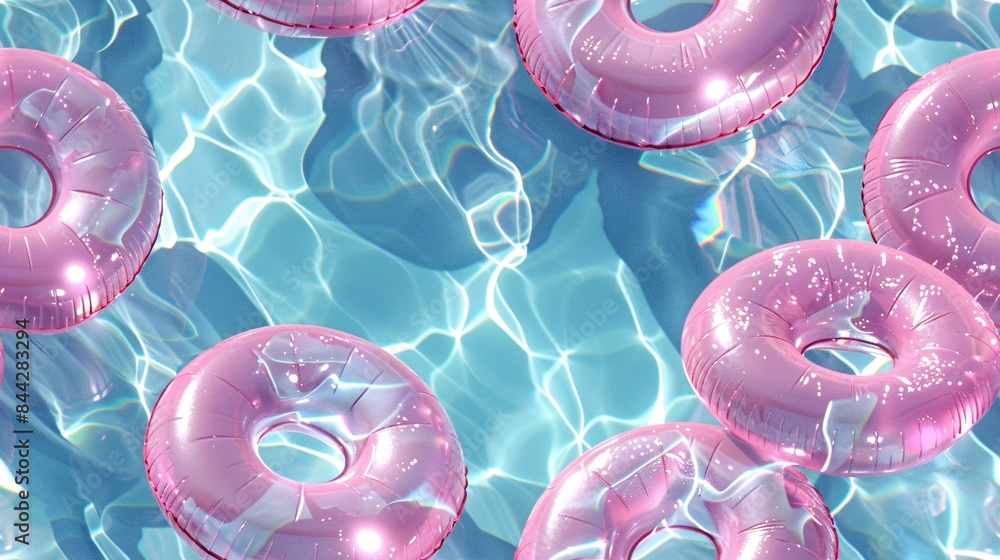 Colorful inflatable floaties in a crystal pool with pure, pristine ...