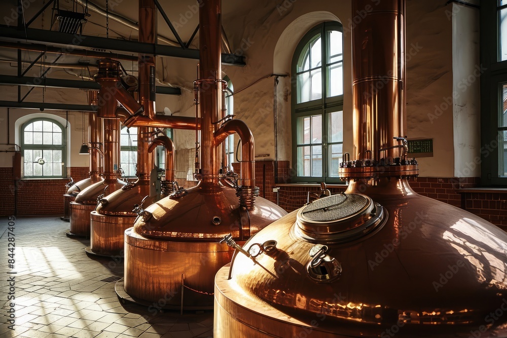 Copper kettles for brewing beer in a large, bright room. Traditional ...