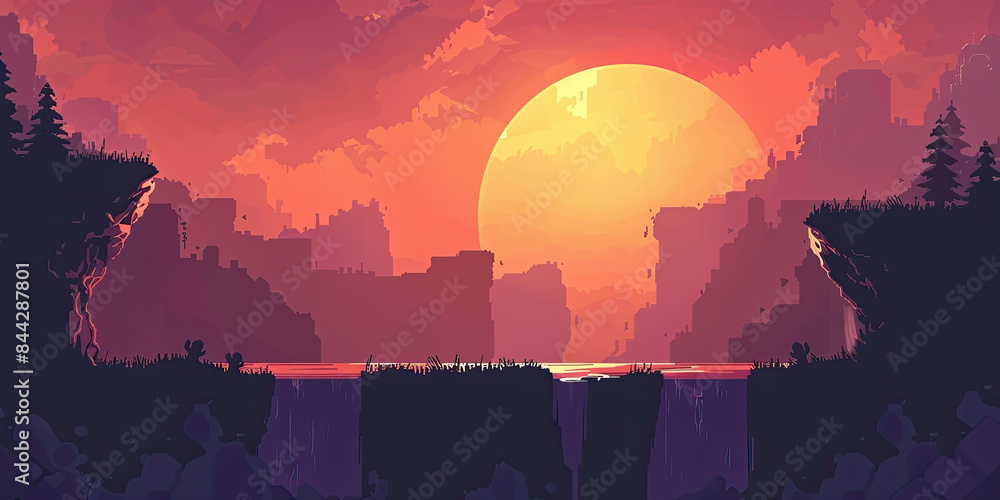 Landscape background, gaming level design backdrop gamer graphics style ...