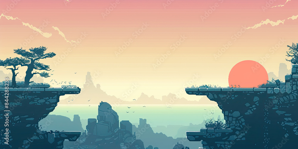 Landscape background, gaming level design backdrop gamer graphics style ...