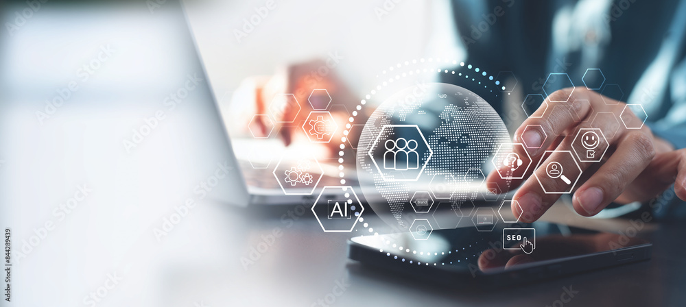 Marketing automation concept. Global business. Automation software ...