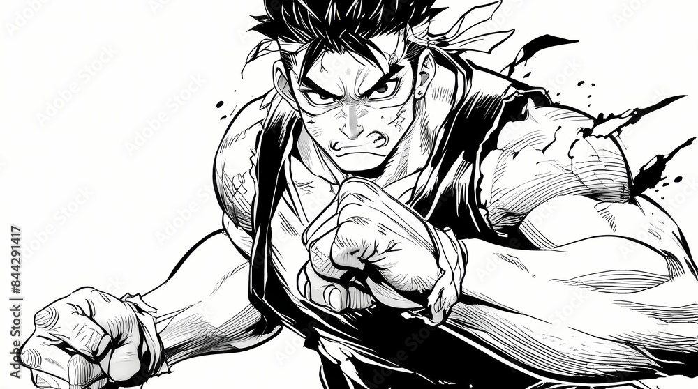 Fighter boxer man Manga line art black and white Anime style ...