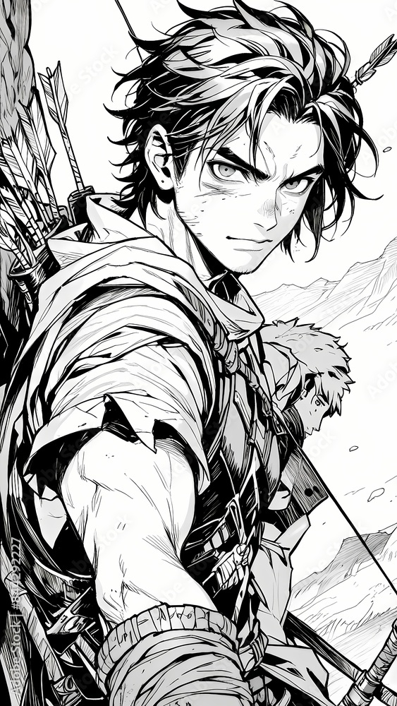 Archer man handsome Manga line art black and white Anime style ...