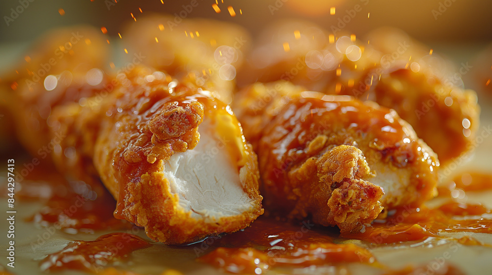 Capture a close-up of golden, crispy fried chicken with the goal of ...