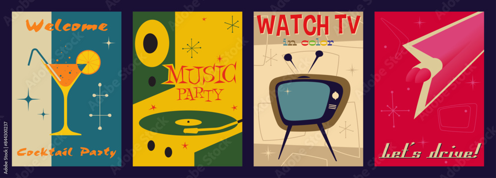 Mid-Century Modern Atomic Age Style Illustrations. Retro Party Posters ...