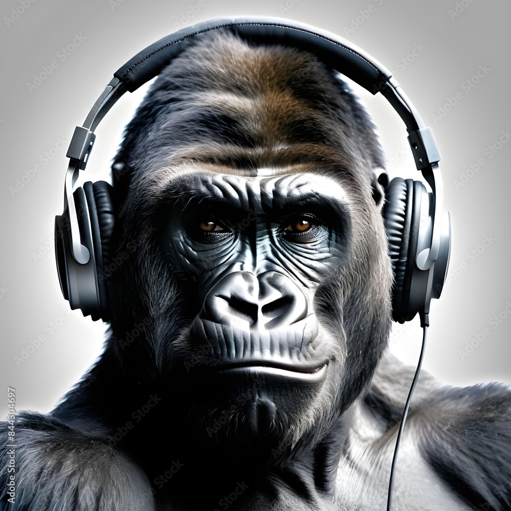Cute and happy little monkey in headphones looks into the frame on a ...