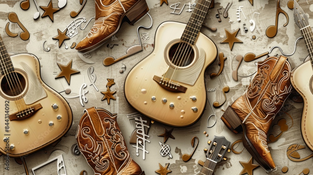 Musical notes. The acoustic guitar is detailed with realistic textures ...